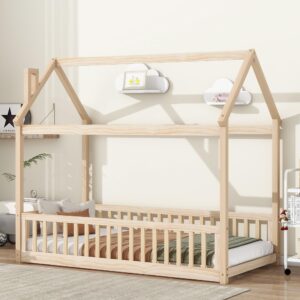 meritline twin size floor bed for kids, wooden twin montessori floor bed frame with rails and slats, twin house bed for kids, girls & boys, natural