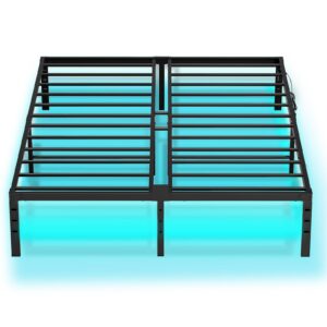 hoobro queen bed frame with led lights, metal platform bed frame with charging station, 2 outlets and 2 usb ports, heavy duty queen size bed frame with end stop, ample under bed space, black