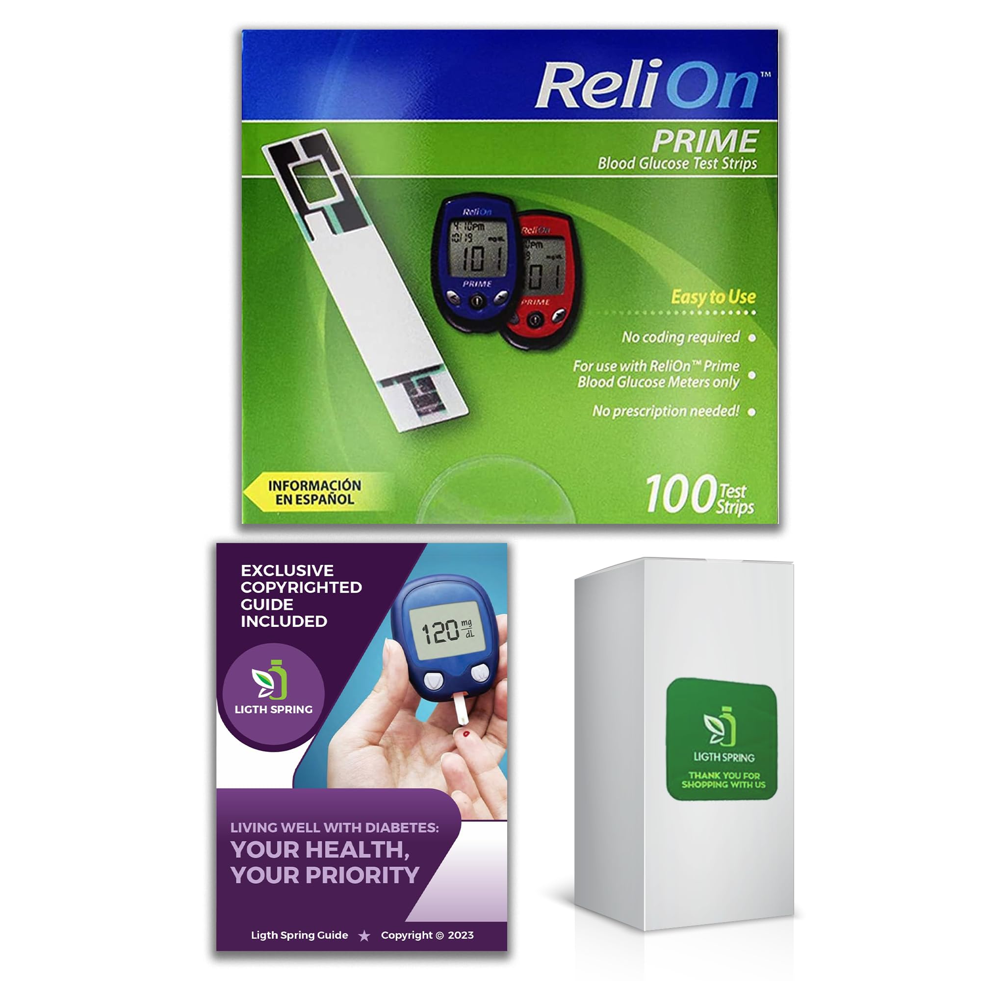 ReliOn Prime Blood Glucose Test Strips, 100 Ct Bundle with Exclusive Living Well with Diabetes: Your Health, Your Priority - Better Light&Spring Guide (2 Items)