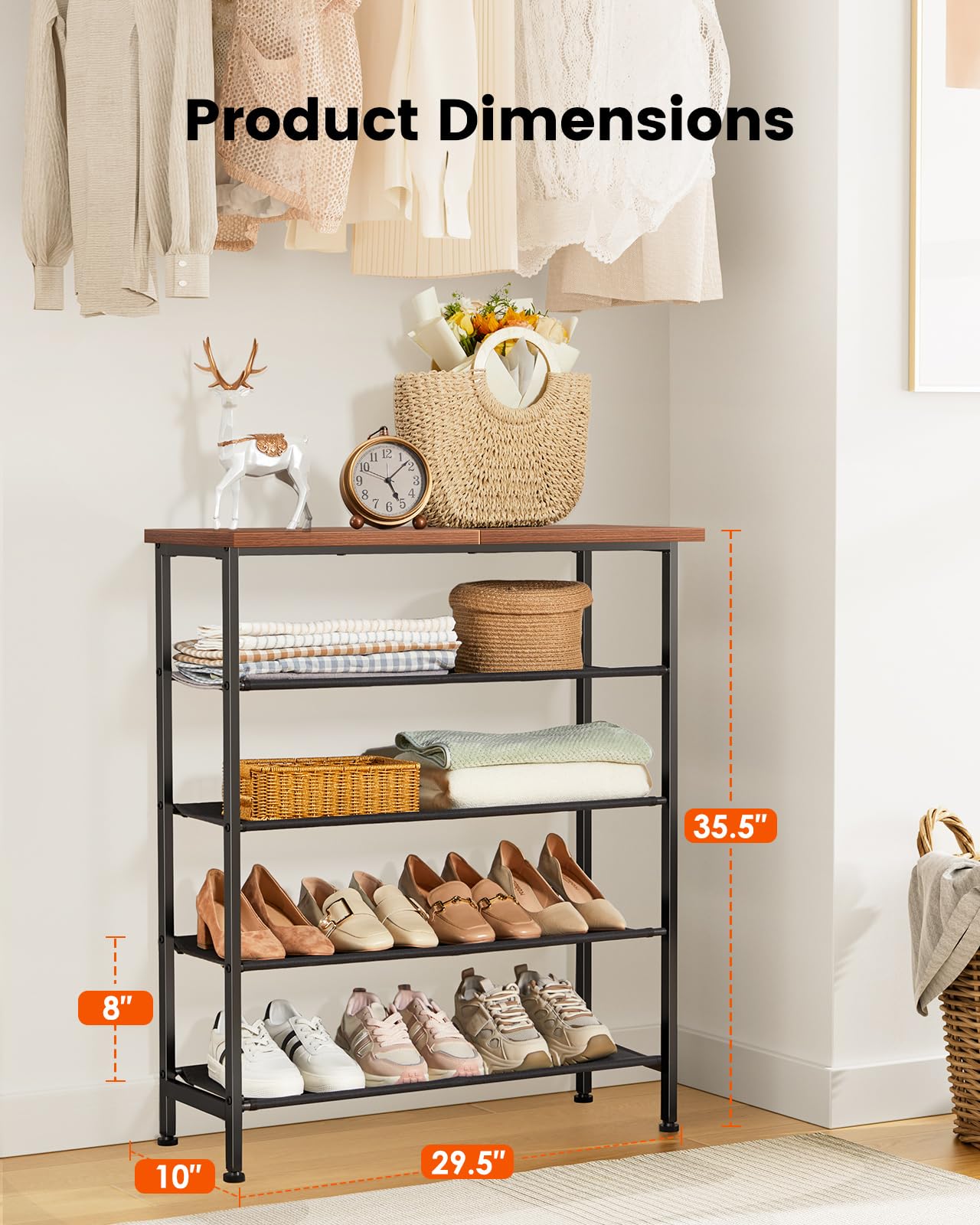 Pipishell 5-Tier Shoe Rack, Large Shoe Stand Rack with Sturdy Wood Grain Finish Top Shelf & Steel Frame, Free-Standing Shoe Organizer for Entryway,Front Door Entrance,Closet,Bedroom,Hallway