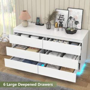 Gyfimoie 6 Drawer Dresser with Power Outlet, Floating White Dresser Chest of Drawer with LED Light,Modern Double Wide Drawer Organizer Cabinet for Bedroom,Living Room (White)