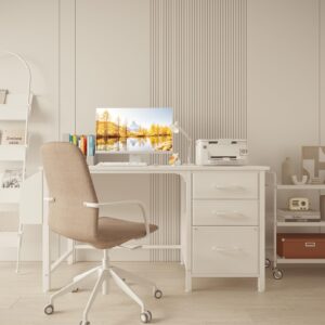 Lufeiya White Computer Desk with Fabric File Drawers Cabinet, 47 Inch Home Office Desks with Filing Cabinet for Small Space, Modern Writing Table PC Desks, White