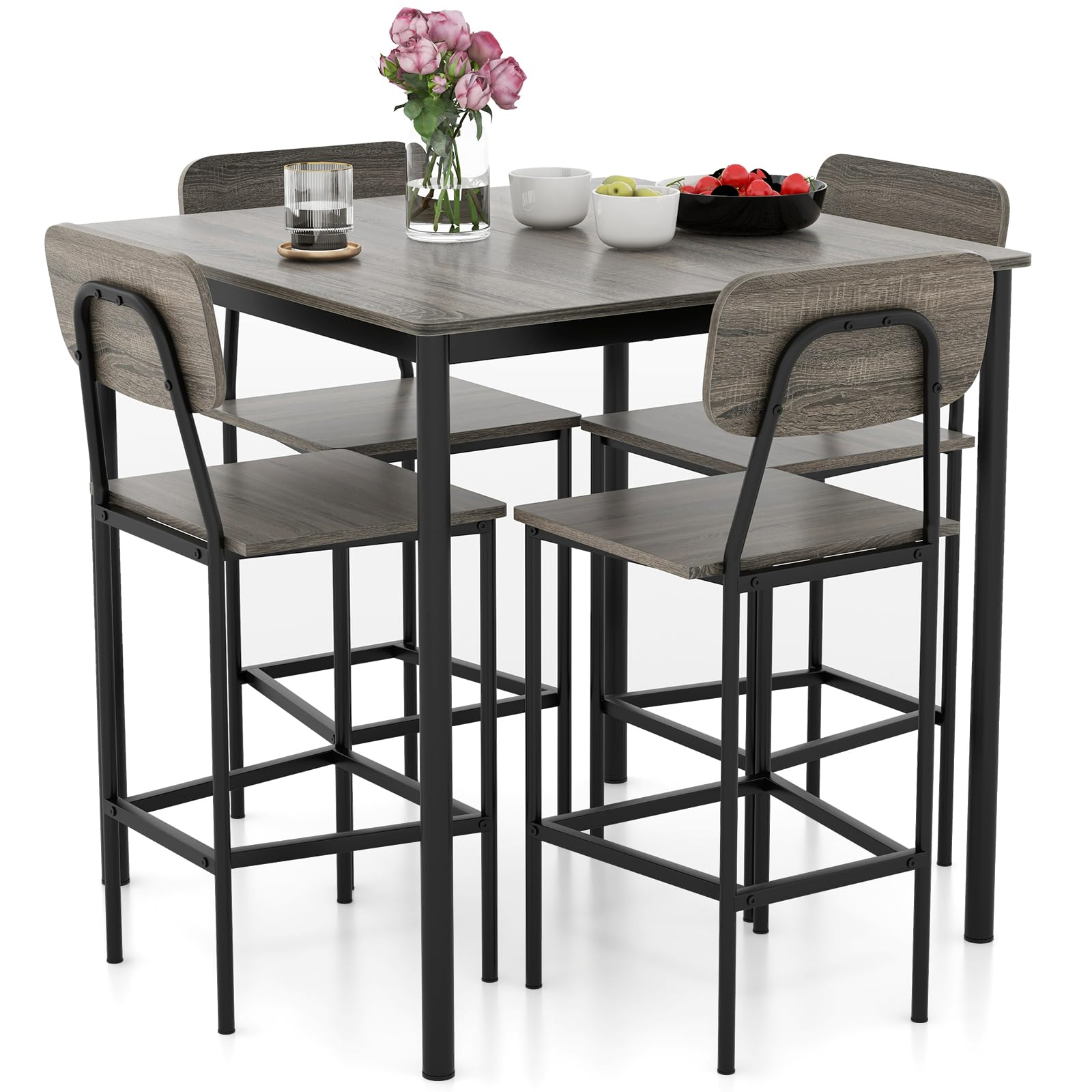 Giantex 5-Piece Dining Table Set W/Counter Height Table & 4 Bar Stools, Modern Kitchen Dining Set W/Footrest & Backrest, Space-Saving Dinette Set for Pub, Dining Room, Restaurant (Black Oak)