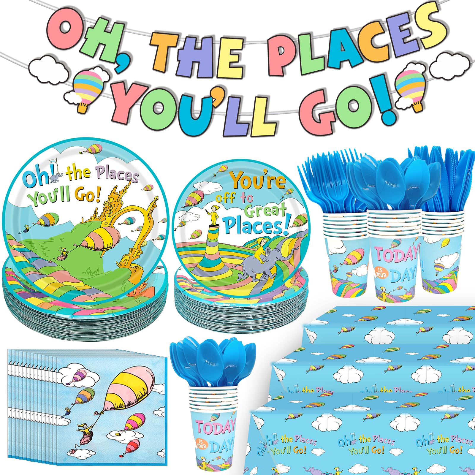 192Pcs Oh The Places You' ll Go Decorations Oh The Places Party Decorations Oh The Places You'll Go Banner with Plates and Napkins for Kindergarten Graduation Party Supplies 2024