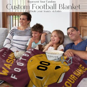 Personalized Football Throw Blanket for Kids and Adults | Warm and Soft Plush | American Football Custom Fan Gift with Helmet Number, Name, City, and Team Colors (60x80 Fleece - Washington)