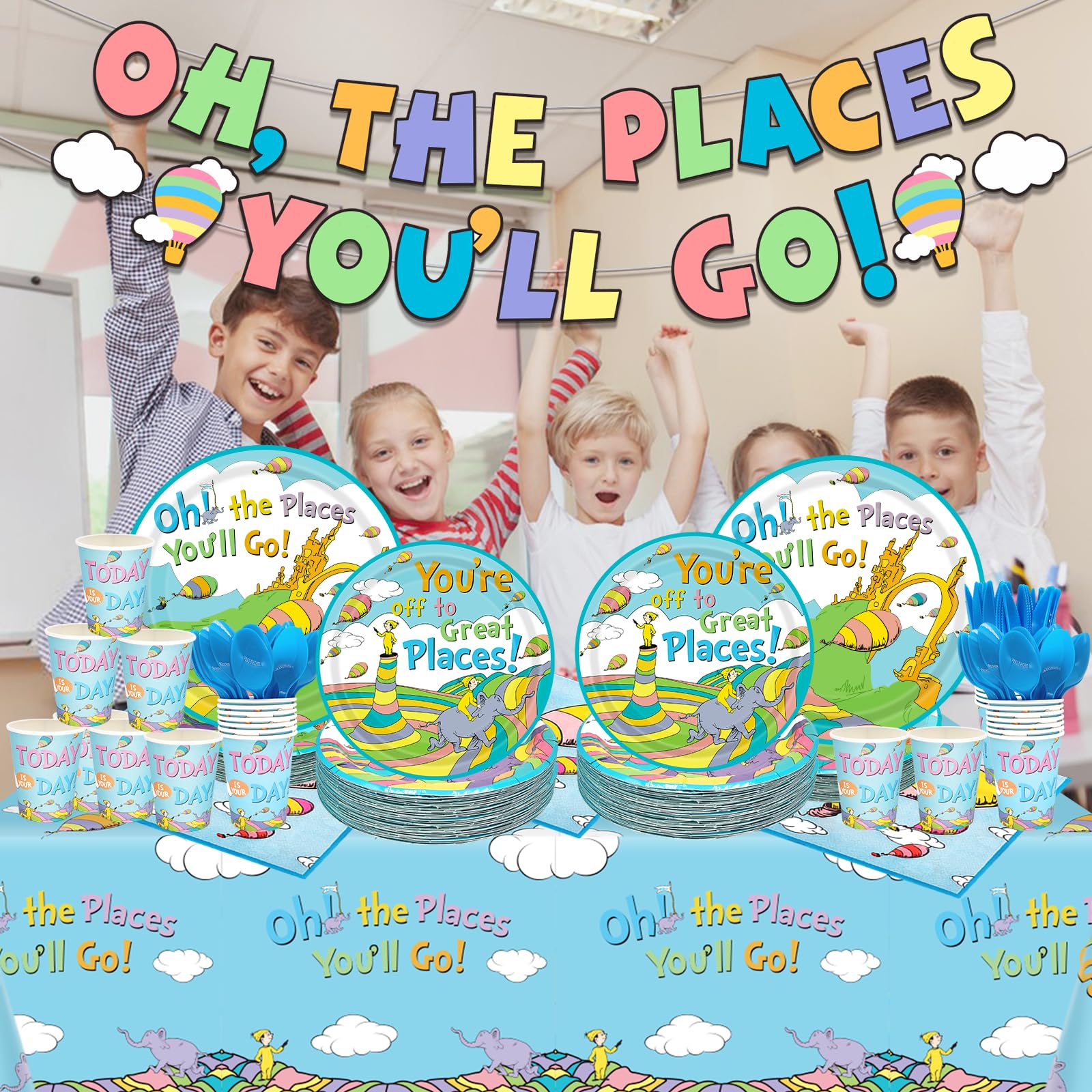 192Pcs Oh The Places You' ll Go Decorations Oh The Places Party Decorations Oh The Places You'll Go Banner with Plates and Napkins for Kindergarten Graduation Party Supplies 2024