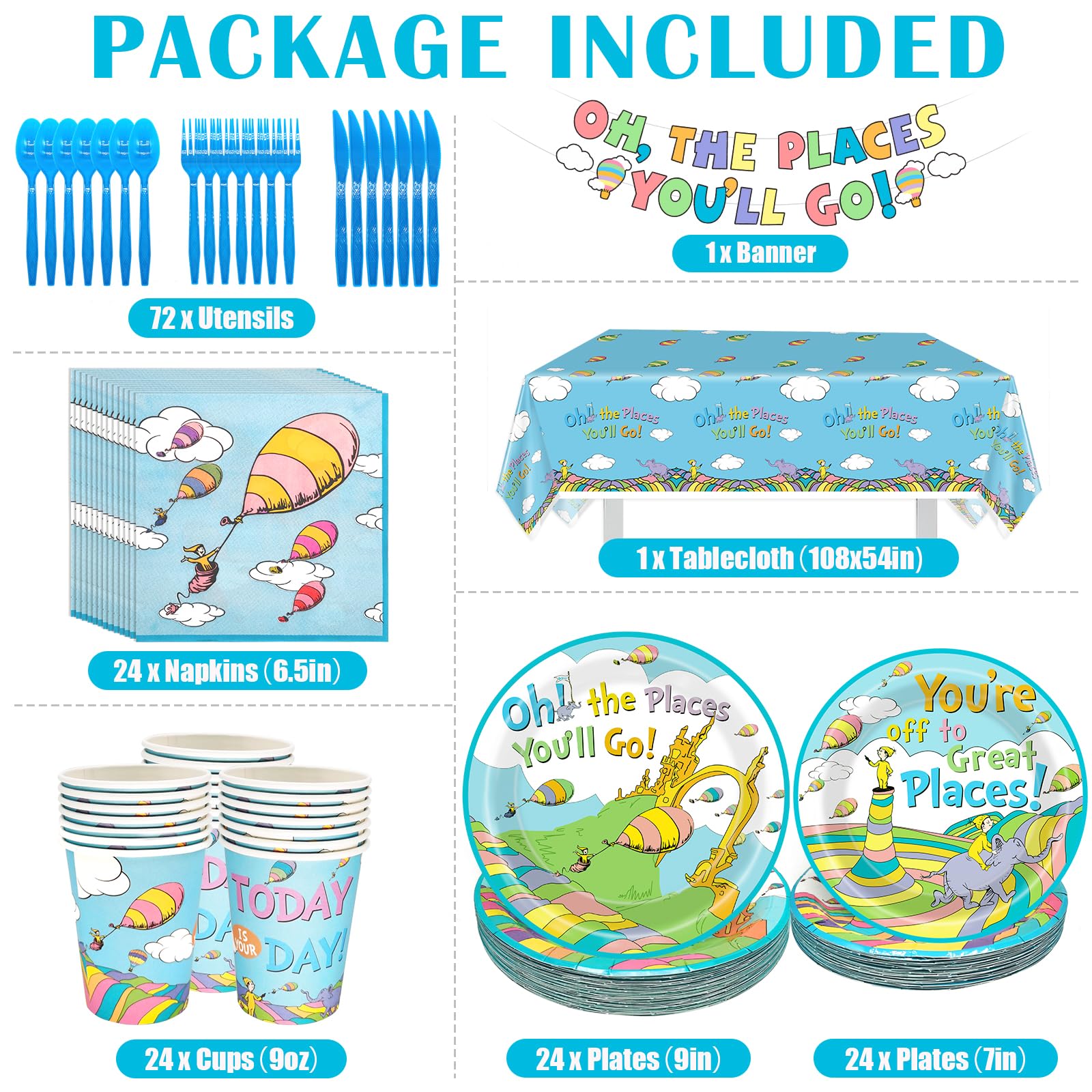 192Pcs Oh The Places You' ll Go Decorations Oh The Places Party Decorations Oh The Places You'll Go Banner with Plates and Napkins for Kindergarten Graduation Party Supplies 2024