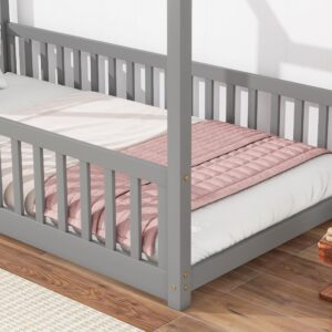 LLS Twin Floor Bed with Slats, Wooden Montessori Bed with Fence, House Bed Frame for Boys Girls Bedroom, Gray