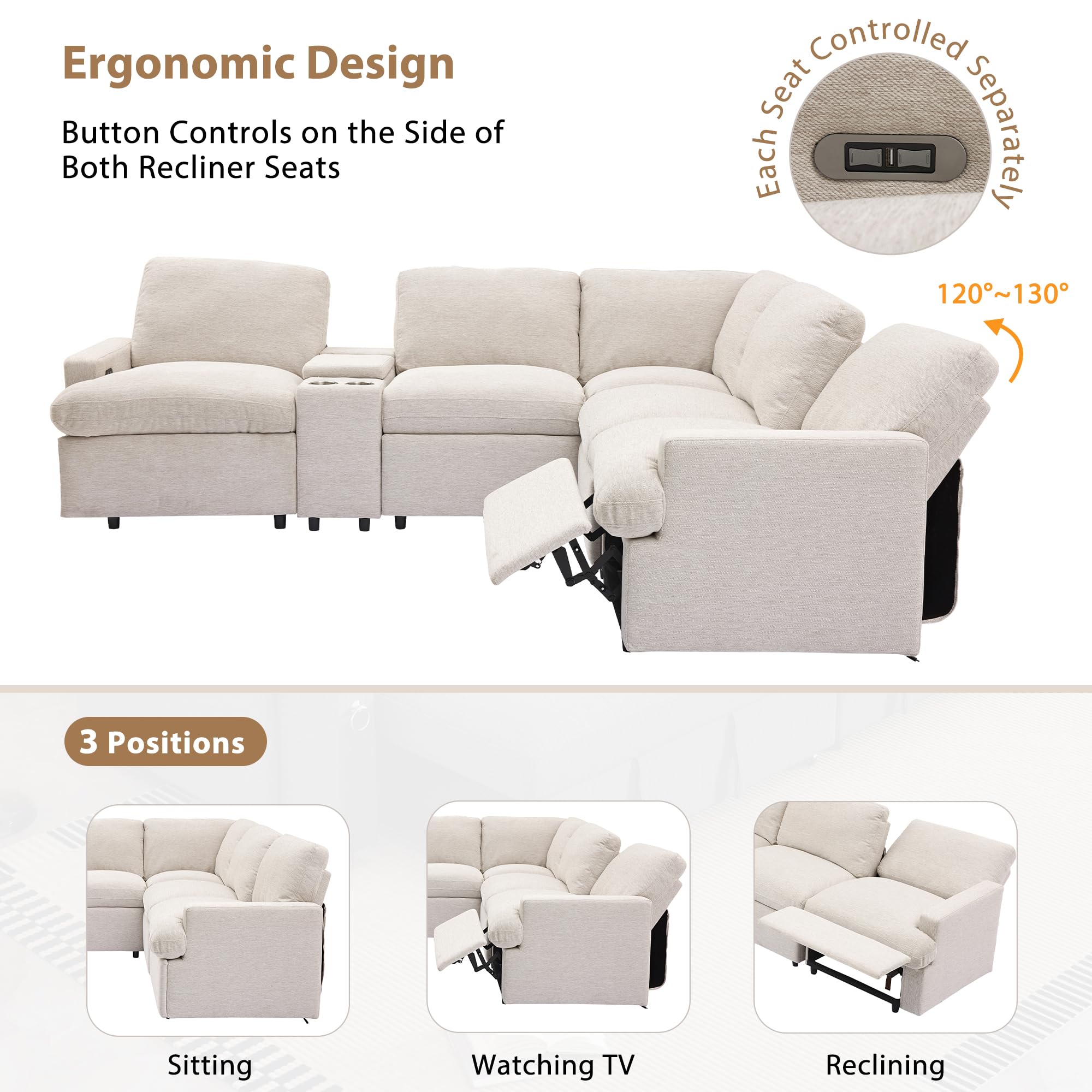 LUMISOL Power Recliner Corner Sofa with Storage Box, 104'' Sectional Couches with USB Ports, Cup Holders and Power Socket, Home Theater Reclining Sofa for Living Room Office Apartment Bedroom, Cream