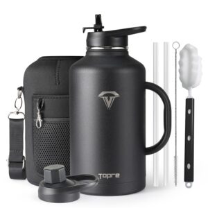 topre half gallon water bottle with straw and lid, 64 oz insulated stainless steel jug with handle,reusable metal travel flask mug cup with carry pouch and brush,keep cold & hot,black