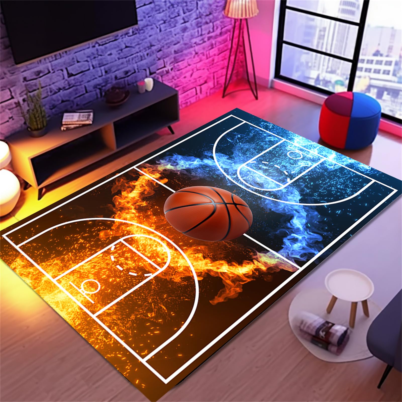 Osimiccp Basketball Rug for Boys Bedroom 5'x7' Non Slip Basketball Court Rug,Fire Printed Sports Rug for Living Room Basketball Room Decor