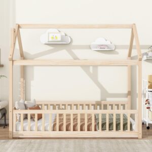 LLS Twin Floor Bed with Slats, Wooden Montessori Bed with Fence, House Bed Frame for Boys Girls Bedroom, Natural