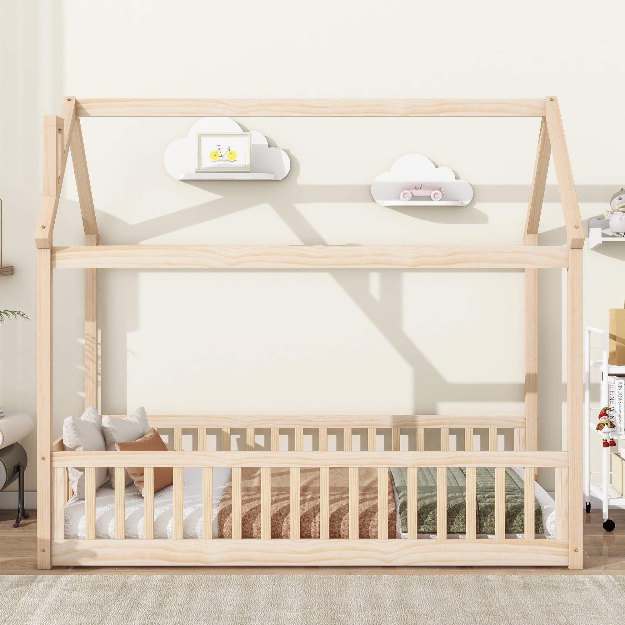 LLS Twin Floor Bed with Slats, Wooden Montessori Bed with Fence, House Bed Frame for Boys Girls Bedroom, Natural