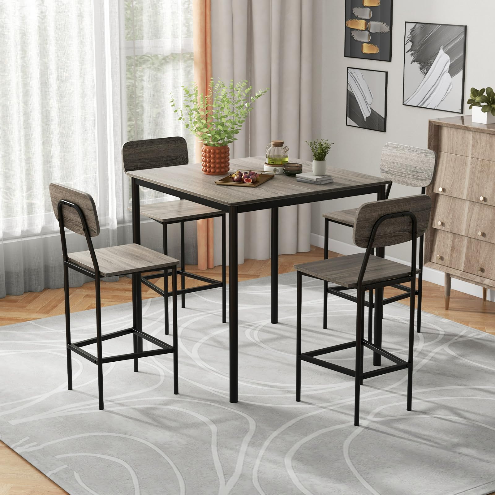 Giantex 5-Piece Dining Table Set W/Counter Height Table & 4 Bar Stools, Modern Kitchen Dining Set W/Footrest & Backrest, Space-Saving Dinette Set for Pub, Dining Room, Restaurant (Black Oak)