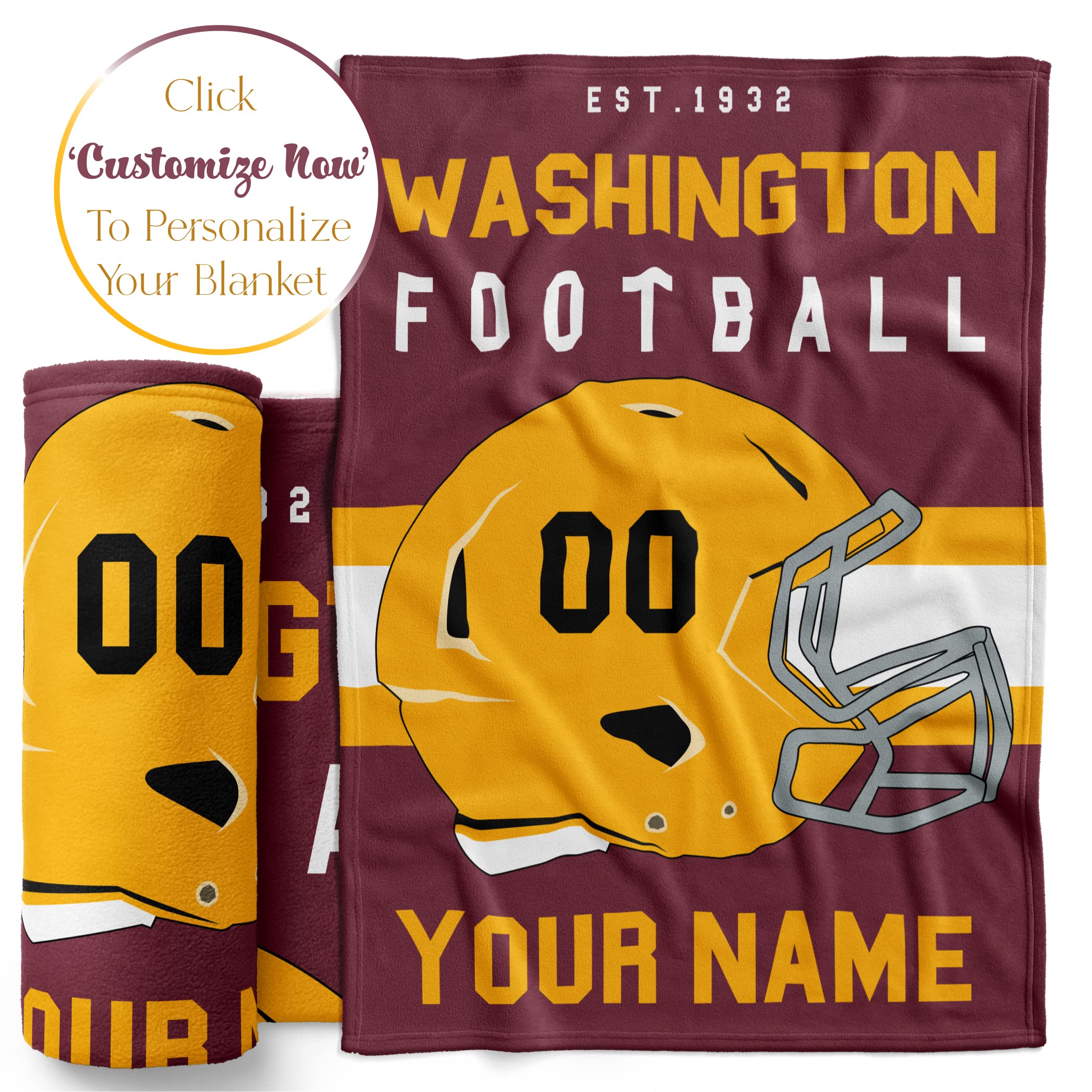 Personalized Football Throw Blanket for Kids and Adults | Warm and Soft Plush | American Football Custom Fan Gift with Helmet Number, Name, City, and Team Colors (60x80 Fleece - Washington)