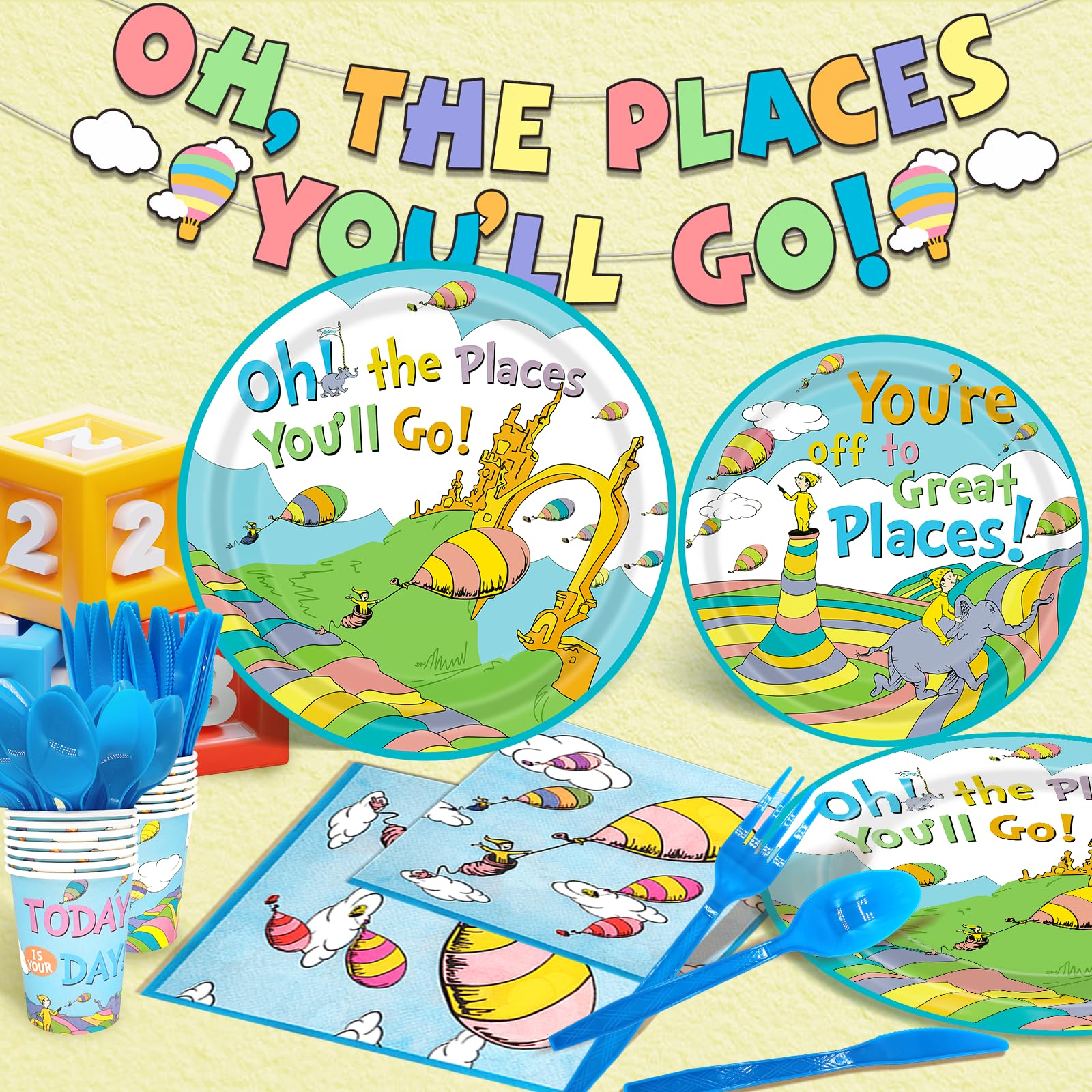 192Pcs Oh The Places You' ll Go Decorations Oh The Places Party Decorations Oh The Places You'll Go Banner with Plates and Napkins for Kindergarten Graduation Party Supplies 2024