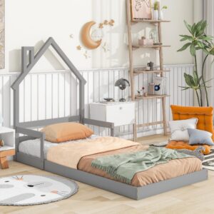 floor bed for kids, twin size montessori bed with house shape headboard, wood house bed with slats for boys girls, low platform bed, no box spring needed, gray