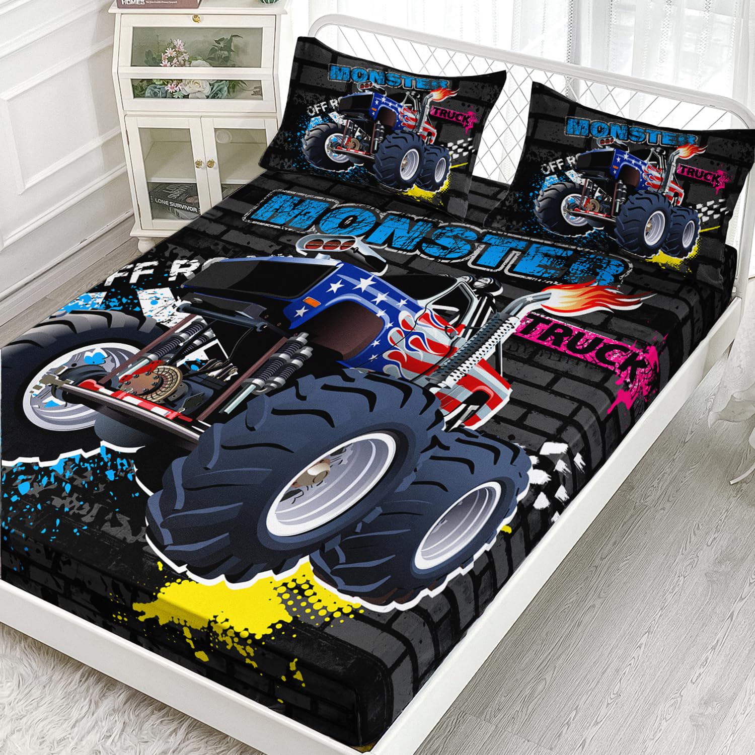 AILONEN Cartoon Monster Truck Fitted Sheet Set Full Size,Popular Large Monster Truck Bed Sheet Set,Cartoon Car Bed Sheet Set for Boys Kids Truck Sheet Set 3 Pieces, 1 Fitted Sheet and 2 Pillowcases