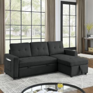 pull out sleeper sofa convertible l-shape sofa bed reversible sectional couch with storage chaise and side storage bag, living room sofa set for living room (black)