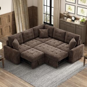 lz leisure zone 82.6" l-shape sofa bed, pull-out sleeper sofa with wheels, usb ports, power sockets for living room, brown