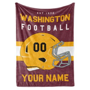 personalized football throw blanket for kids and adults | warm and soft plush | american football custom fan gift with helmet number, name, city, and team colors (60x80 fleece - washington)