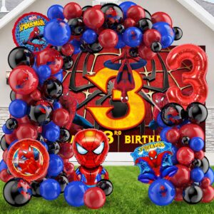 126pcs spider 3rd birthday party supplies, spider balloon garland arch kit, include spider balloons arch, spider foil balloon, spider 3rd birthday backdrop banner for spider 3rd birthday (3rd)