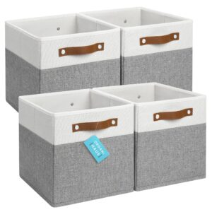 organihaus 11 inch cube storage bin set of 4, fabric storage bins, cube storage organizer bins, cubby bins w/ vegan handles, kallax organizer storage cube basket, square storage cubes - grey/white