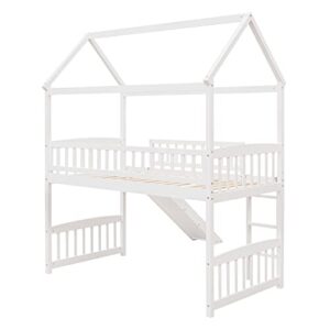 BOVZA Twin Size House Loft Bed with Convertible Slide and Ladder, Wood House Loft Bed with Roof and Safety Guardrails for Kids Boys Girls Bedroom, White