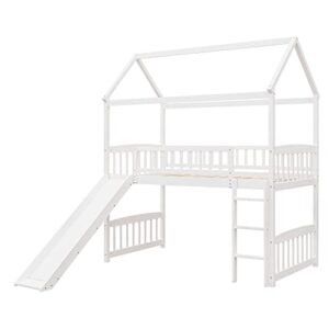 BOVZA Twin Size House Loft Bed with Convertible Slide and Ladder, Wood House Loft Bed with Roof and Safety Guardrails for Kids Boys Girls Bedroom, White