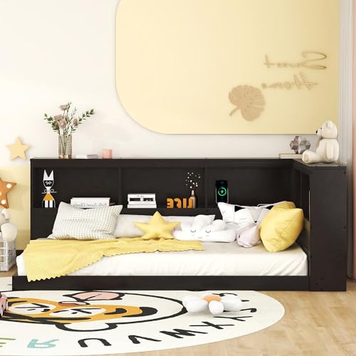 RORIGAT Twin Size Daybed with 5 Built-in Storage Cabinets and USB Ports, Wood Captain Bed Frame with L-Shaped Bookcase Headboard, Floor Bed for Kids Teens Adult Boys Girls,Espresso