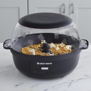 West Bend Stir Crazy Hot Oil Popcorn Popper, Popcorn Maker Machine with Large Serving Bowl Lid and Stirring Rod, 6 Qt, Black