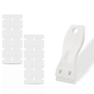 plastic razor scraper with 10pcs double edged plastic blades hair extension tool for debris sticker label on glass windows removal scraper tool (white&white)