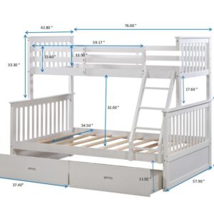 DS-HOMEPORT Twin Over Full Bunk Bed with Two Storage Drawers, Wooden Bunk Beds Frame w/Safety Guardrail ＆ Ladder, Soild Wood Space-Saving Bunkbed for Bedroom Kids Teens Adults(White)