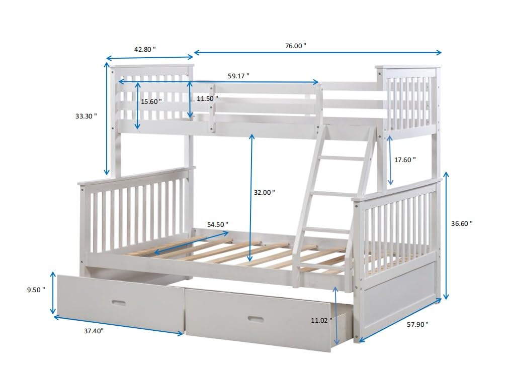 DS-HOMEPORT Twin Over Full Bunk Bed with Two Storage Drawers, Wooden Bunk Beds Frame w/Safety Guardrail ＆ Ladder, Soild Wood Space-Saving Bunkbed for Bedroom Kids Teens Adults(White)