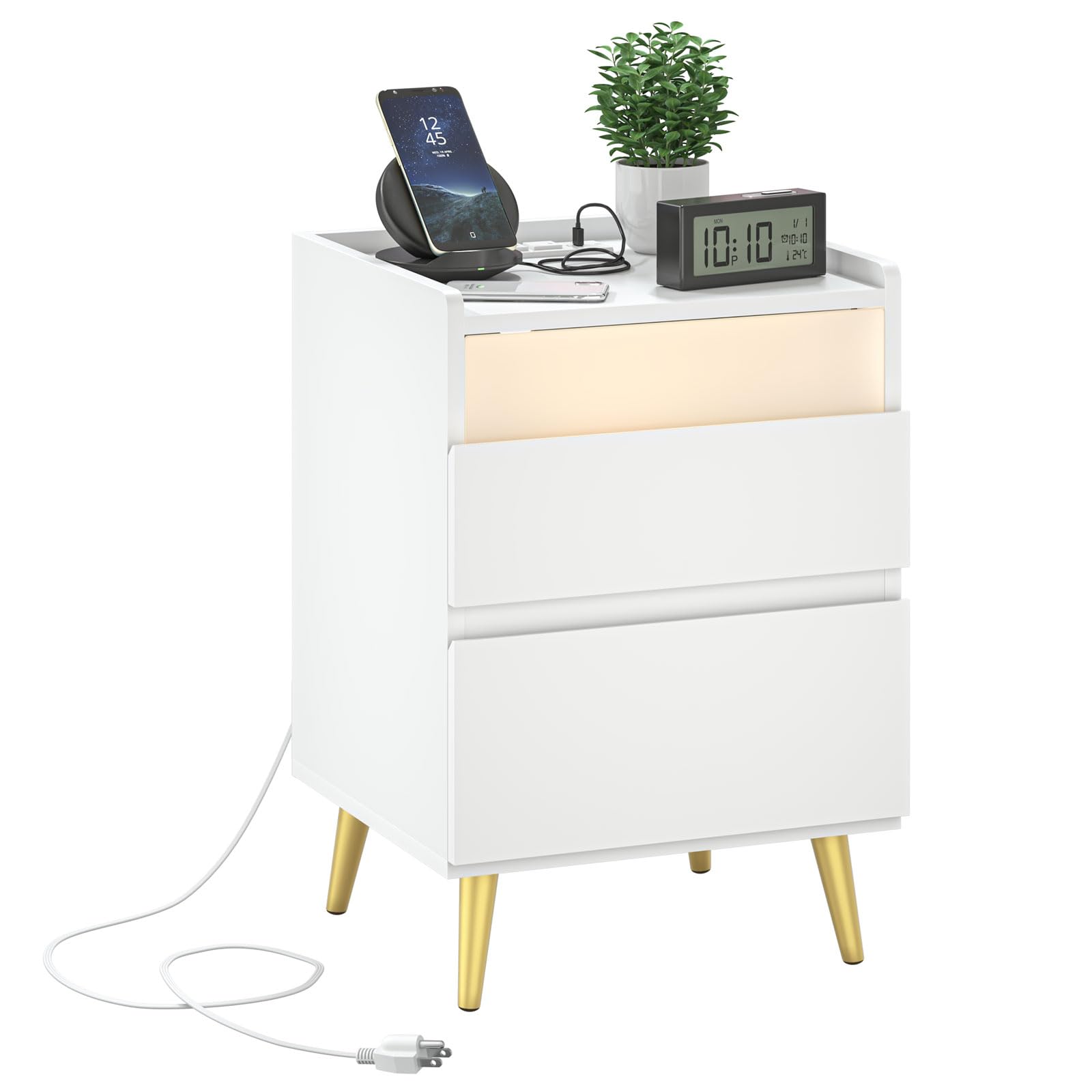 Nightstand with Charging Station, Bedside Table with USB & Type-C Port, Modern End Table with 2 Drawers for Bedroom Furniture, White