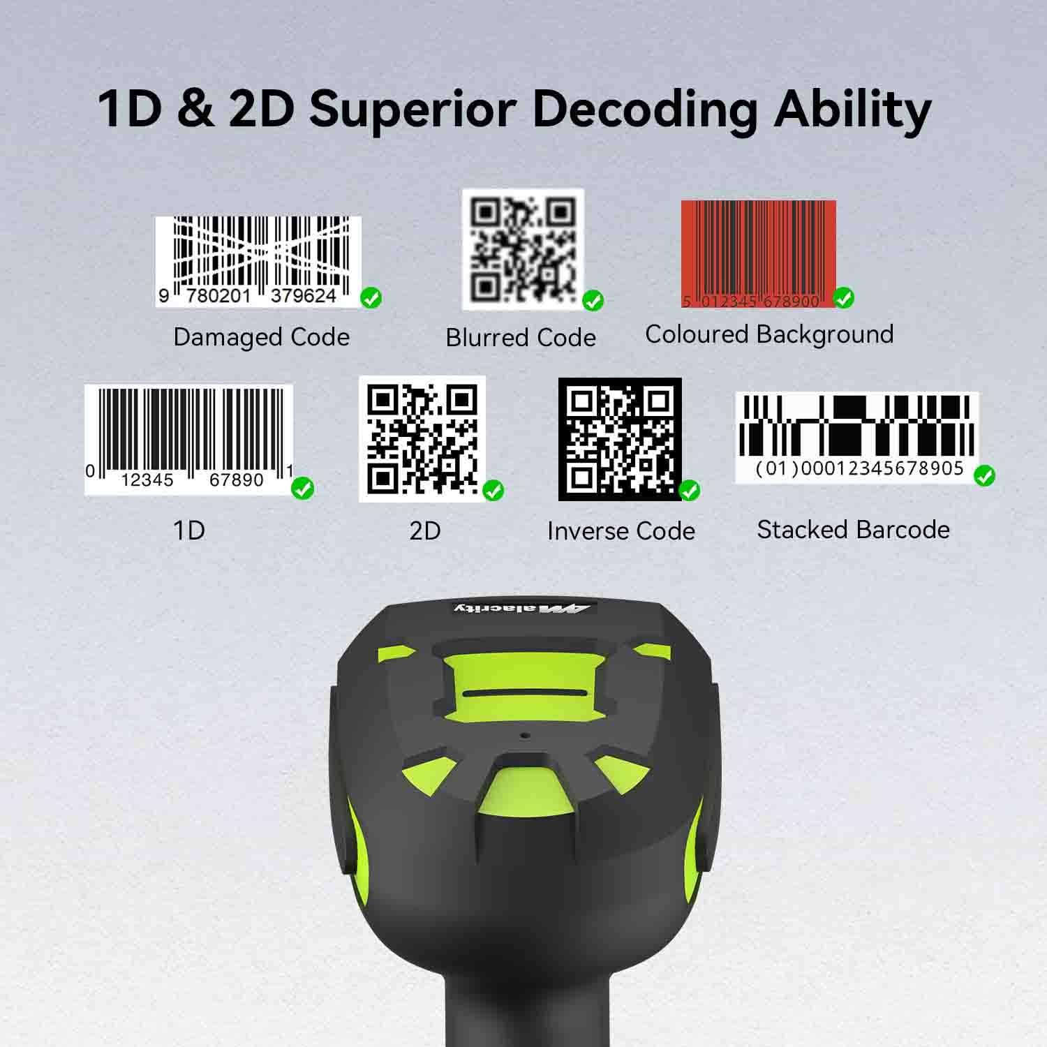 Alacrity Upgraded 2D Industrial Barcode Scanner with Wireless Charging Stand, 1968 Feet Transmission Distance 433Mhz Wireless & Bluetooth 2in1 Barcode Reader, Shock Dust Proof Hands Free, Green