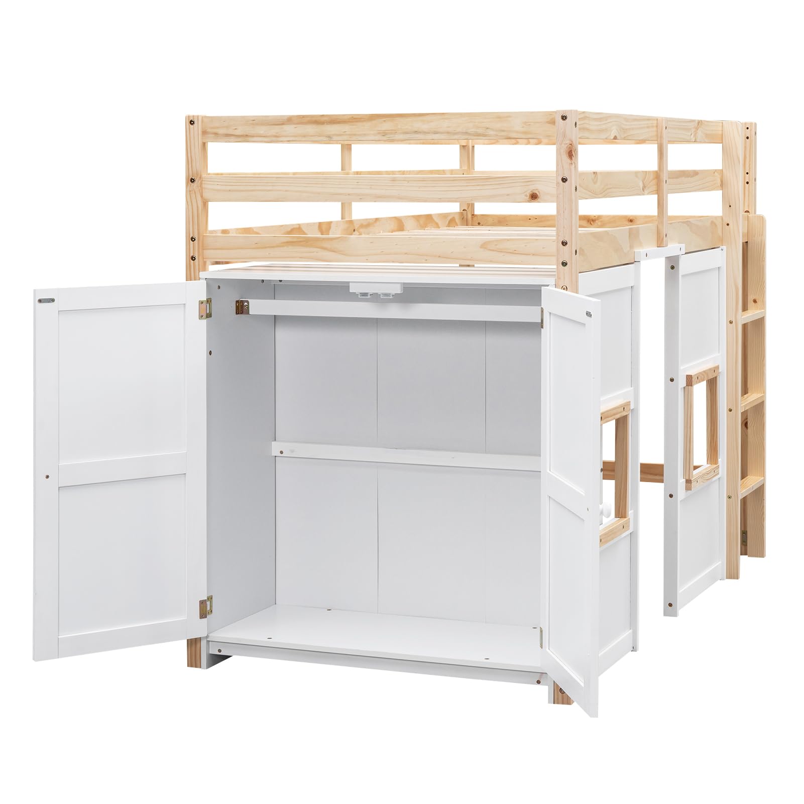 VilroCaz Playhouse Design Twin Size Loft Bed with Built-in Storage Wardrobe and 2 Windows, Solid Wood Loft Bed Frame with Safety Guardrail for Kids Teens Boys Girls, Space-Saving (Whit+Natural)