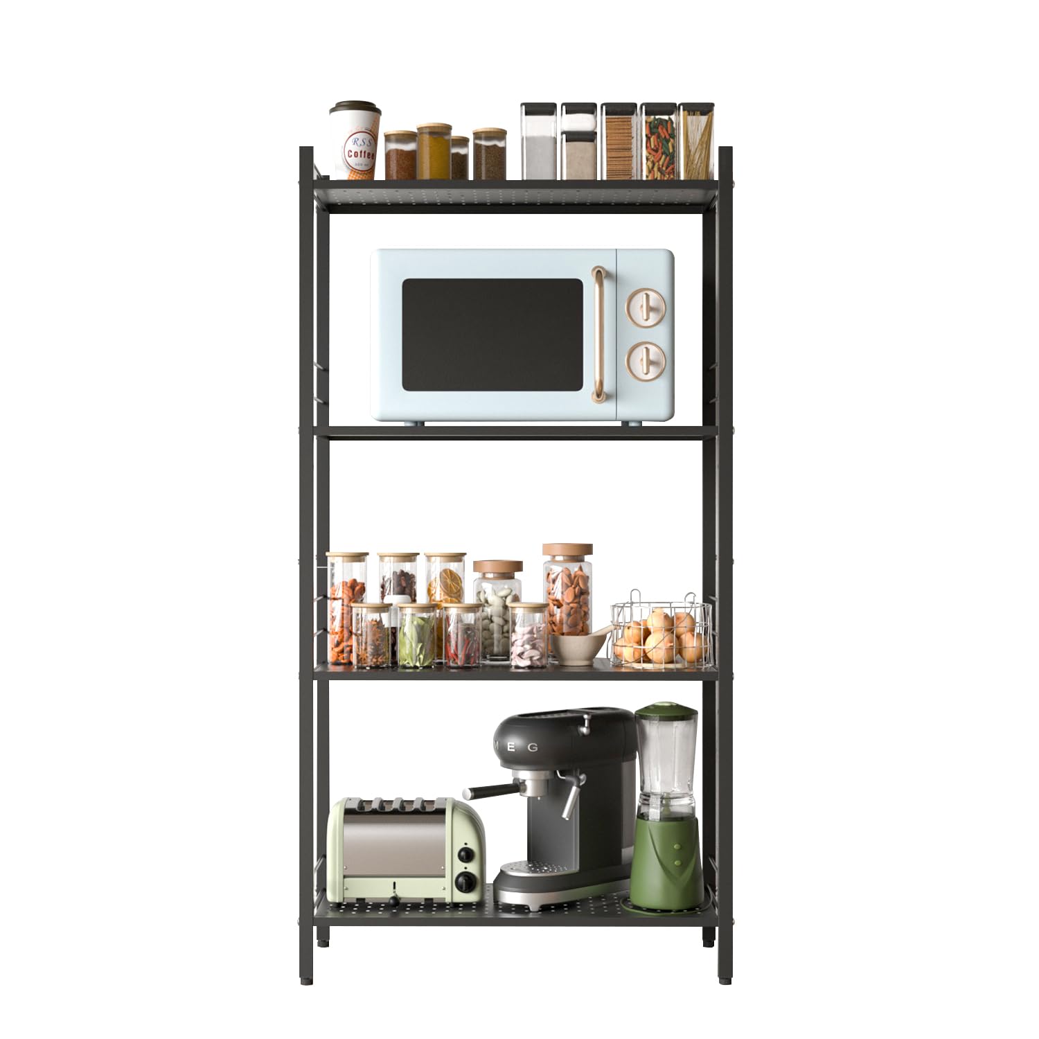 JAQ Storage Shelves with Adjustable Height, 4-Tier Metal Storage Shelving Rack Organizer for Pantry Kitchen Warehouse Basement 45.27" H X 23.62" W X 9.84" D,Up to 800LBS (4-Tier, Black)