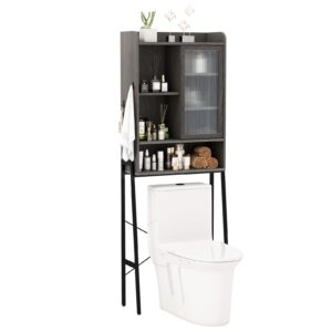 giantex over the toilet storage cabinet, industrial bathroom organizer w/trapezoid metal frame, adjustable shelves & 2 hooks, freestanding space-saving storage rack for laundry room (sliding door)