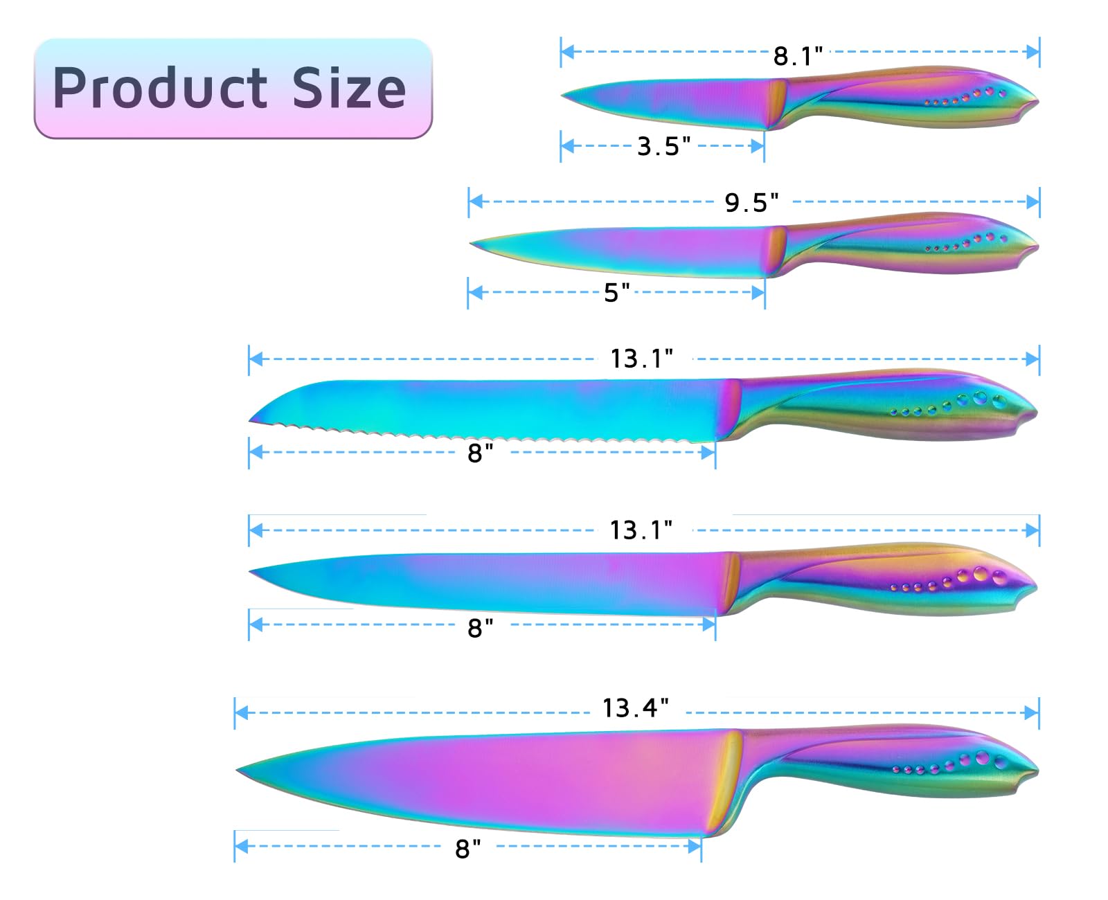 WELLSTAR Kitchen Knife Set 5 Piece, Razor Sharp German High Carbon Stainless Steel Blade, Chef Bread Carving Utility Paring Knives for Culinary Chopping Cutting Slicing and Peeling - Rainbow