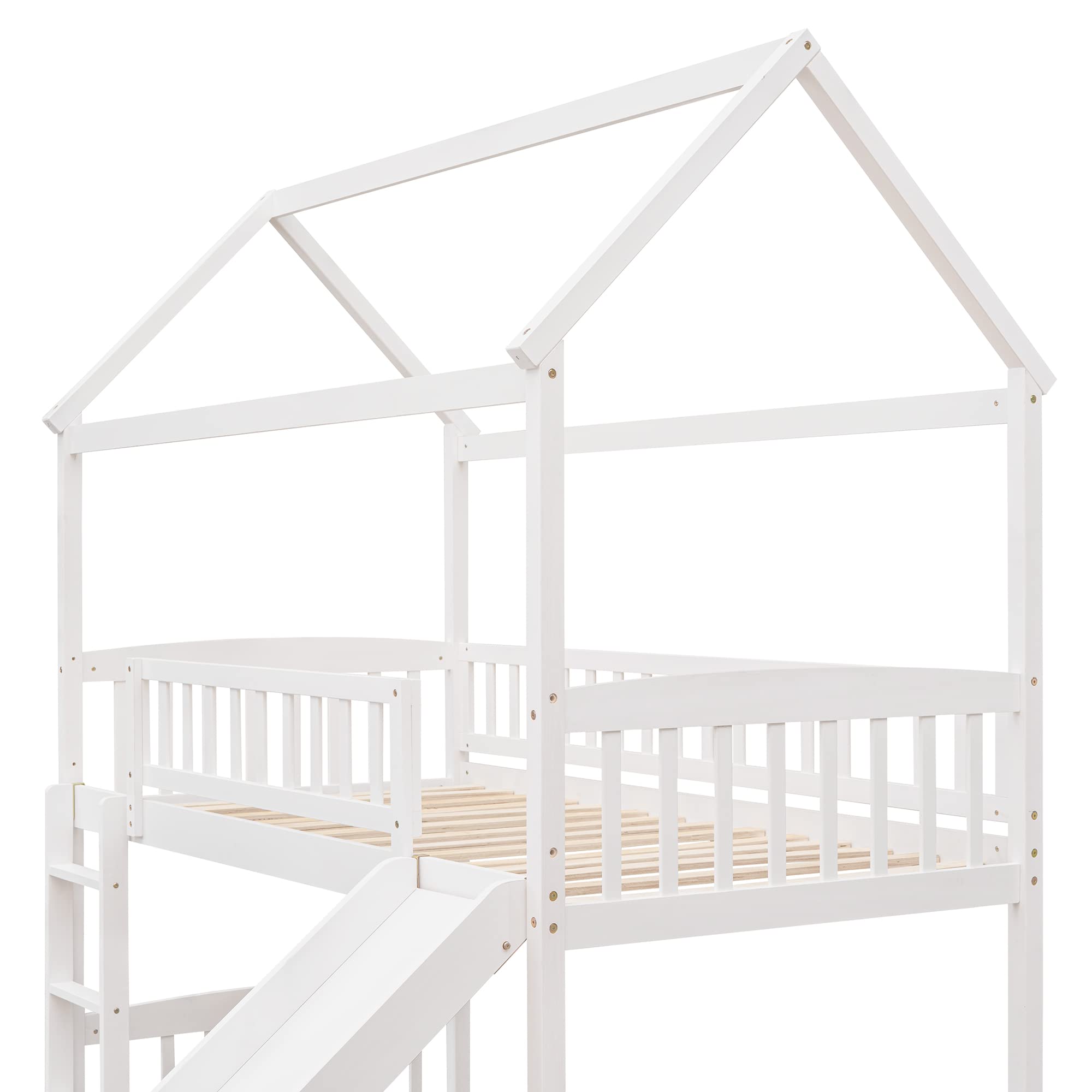 BOVZA Twin Size House Loft Bed with Convertible Slide and Ladder, Wood House Loft Bed with Roof and Safety Guardrails for Kids Boys Girls Bedroom, White