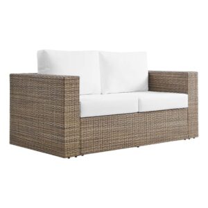 modway convene outdoor synthetic rattan loveseat in cappuccino/white