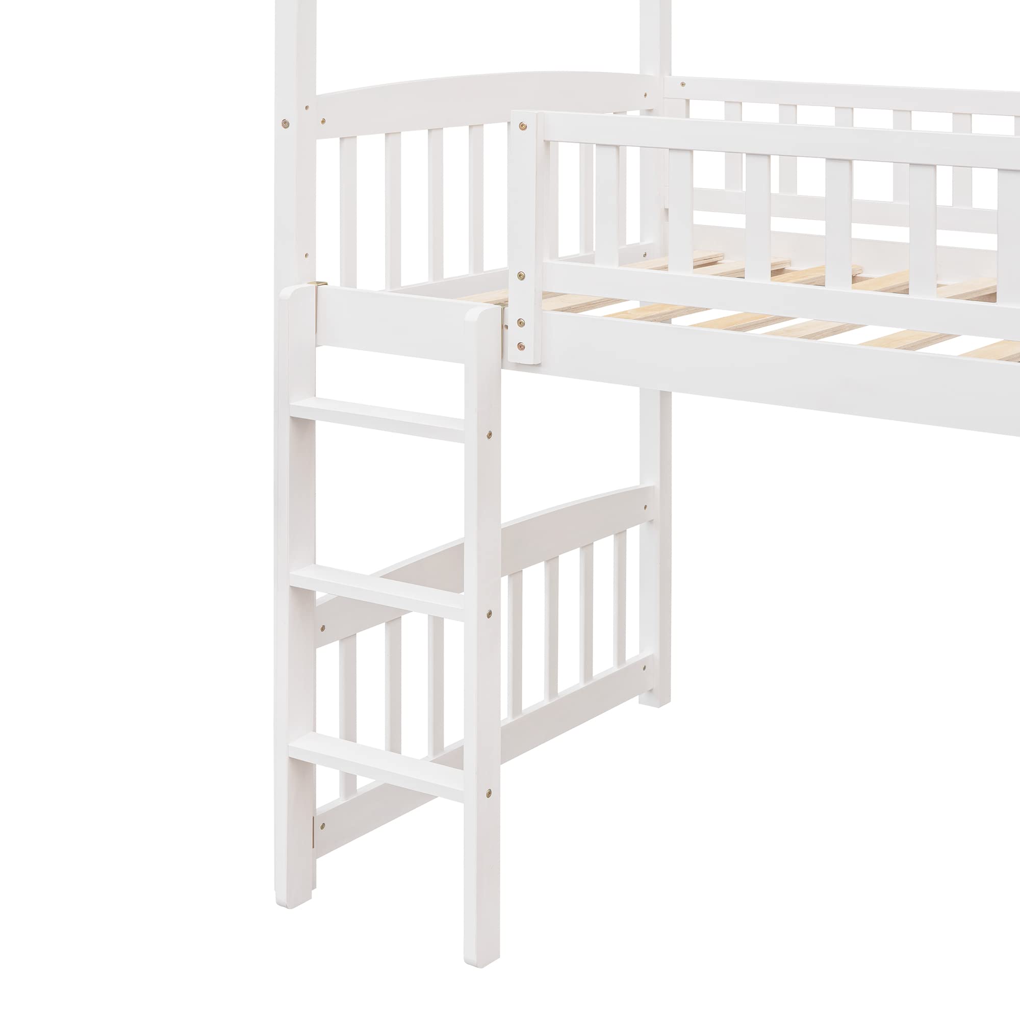 BOVZA Twin Size House Loft Bed with Convertible Slide and Ladder, Wood House Loft Bed with Roof and Safety Guardrails for Kids Boys Girls Bedroom, White