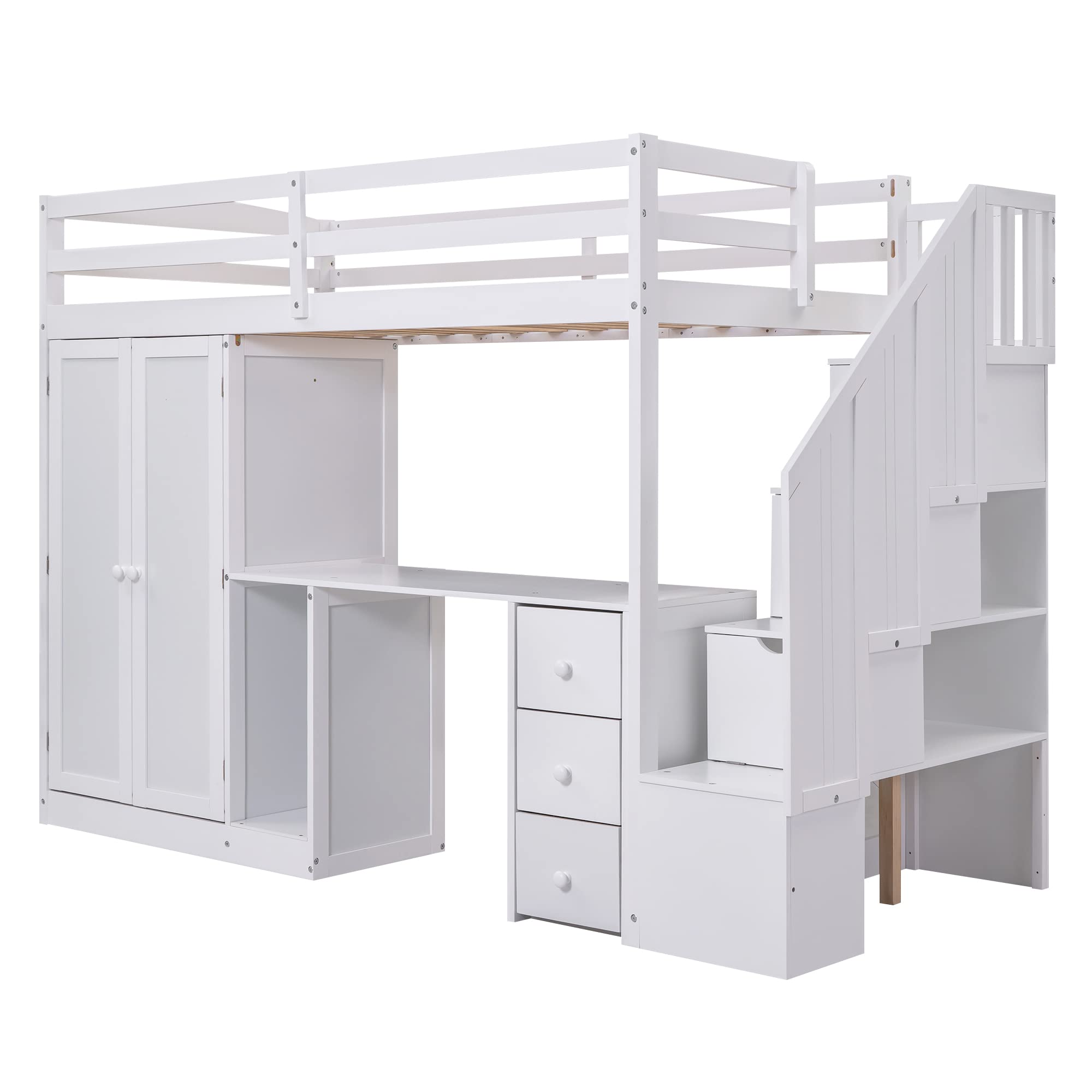 BOVZA Twin Size Loft Bed with Stairs and Wardrobe, Wooden Twin Loft Bed Frame with Desk and Storage Drawers and Cabinet in 1 for Kids Girls Boys Teens, White