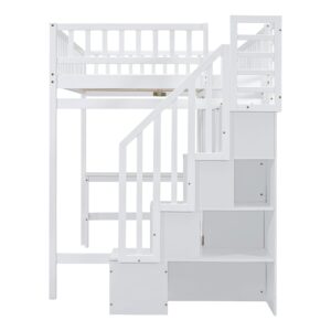 Modern Wood Full Size Loft Bed with Bookshelf,Desk and Wardrobe,Drawers and Storage Stairs,for Kids Boys Girls Teens Adults Bedroom (White@Wardrobe, Full)