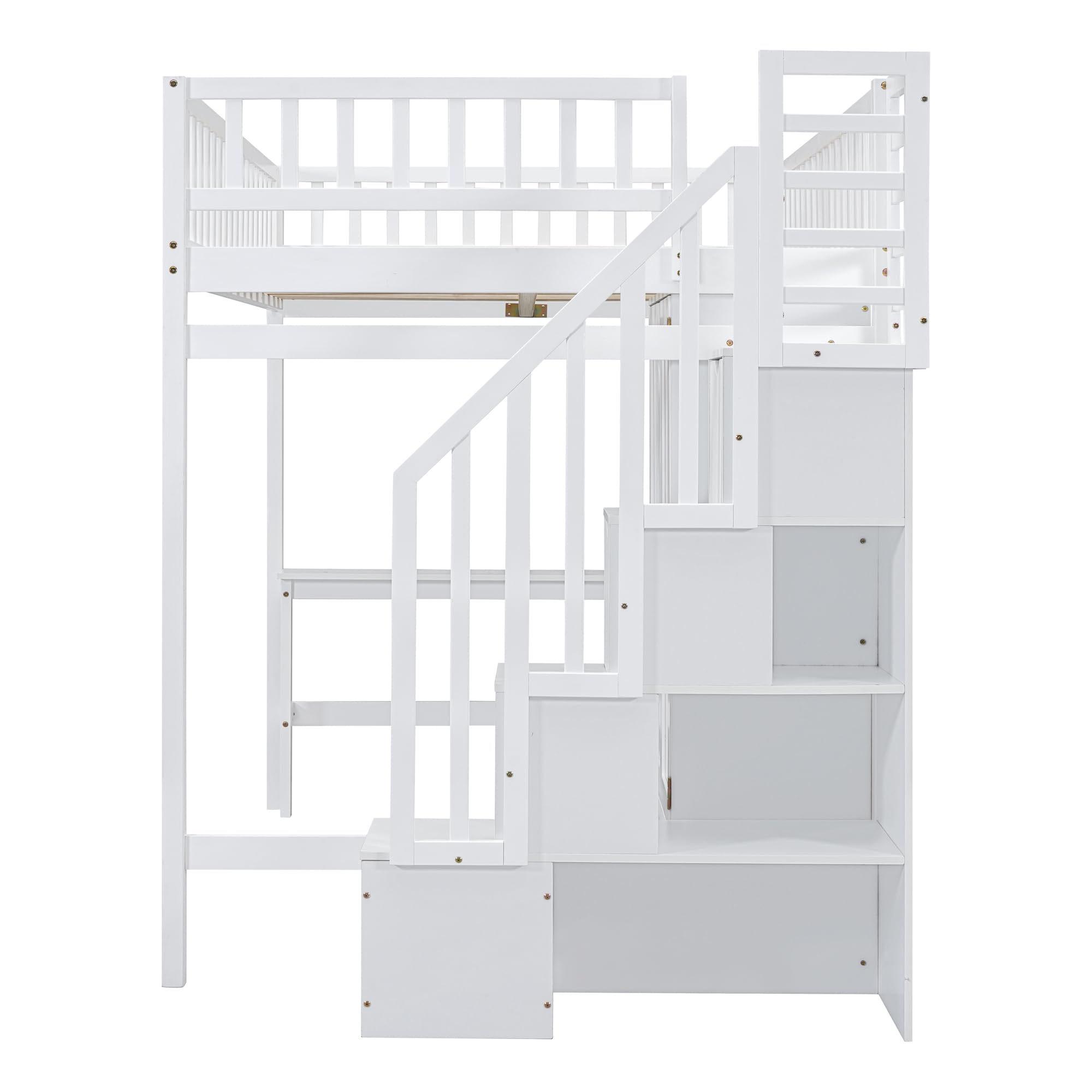 Modern Wood Full Size Loft Bed with Bookshelf,Desk and Wardrobe,Drawers and Storage Stairs,for Kids Boys Girls Teens Adults Bedroom (White@Wardrobe, Full)