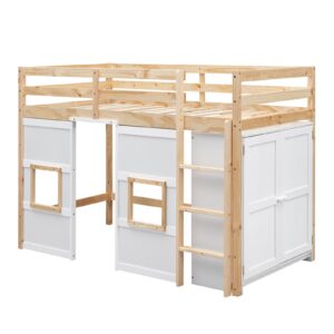 VilroCaz Playhouse Design Twin Size Loft Bed with Built-in Storage Wardrobe and 2 Windows, Solid Wood Loft Bed Frame with Safety Guardrail for Kids Teens Boys Girls, Space-Saving (Whit+Natural)