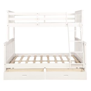 DS-HOMEPORT Twin Over Full Bunk Bed with Two Storage Drawers, Wooden Bunk Beds Frame w/Safety Guardrail ＆ Ladder, Soild Wood Space-Saving Bunkbed for Bedroom Kids Teens Adults(White)