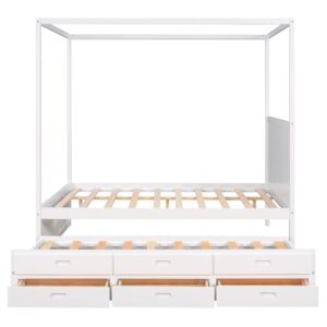 Favfurish Queen Size Canopy Platform Bed with Twin-Size Trundle and Three Storage Drawers,Easy to Assemble,Wood Bed-Frame for Children Teens Adults,Suitable for Bedroom,White