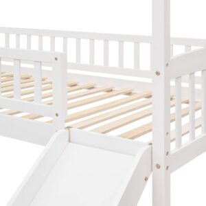 BOVZA Twin Size House Loft Bed with Convertible Slide and Ladder, Wood House Loft Bed with Roof and Safety Guardrails for Kids Boys Girls Bedroom, White